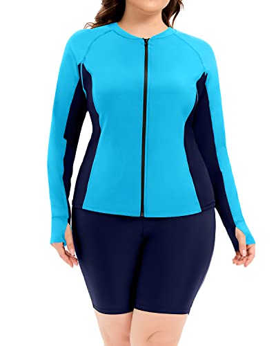 Plus Size Long Sleeve Rash Guard Zipper Front For Women-Aqua – Daci