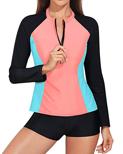 Long Sleeve 2 Piece Rash Guard Boy Shorts For Women-Coral Pink – Daci