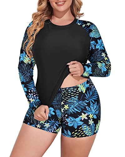 Two Piece Long Sleeve Rash Guard Swimwear For Plus Size Women-Blue Lea ...